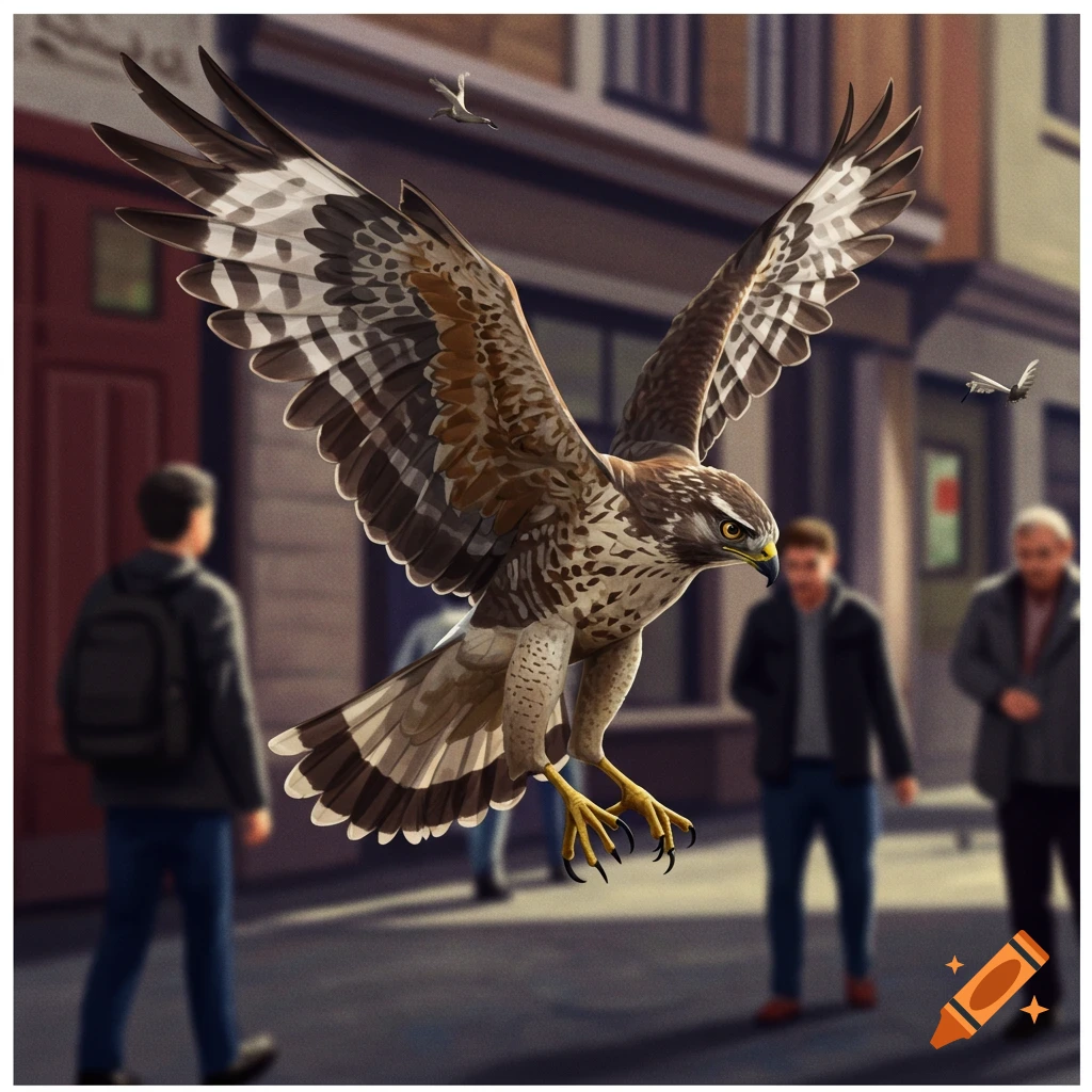 A hawk flying low over a street with blurred pedestrians. on Craiyon