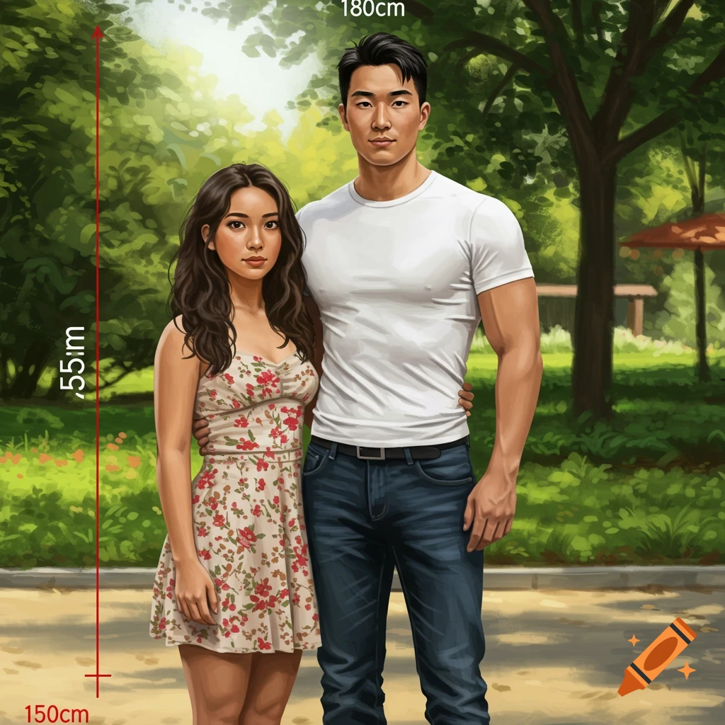 Latina woman (159cm) and Chinese man (180cm) standing side by side on ...