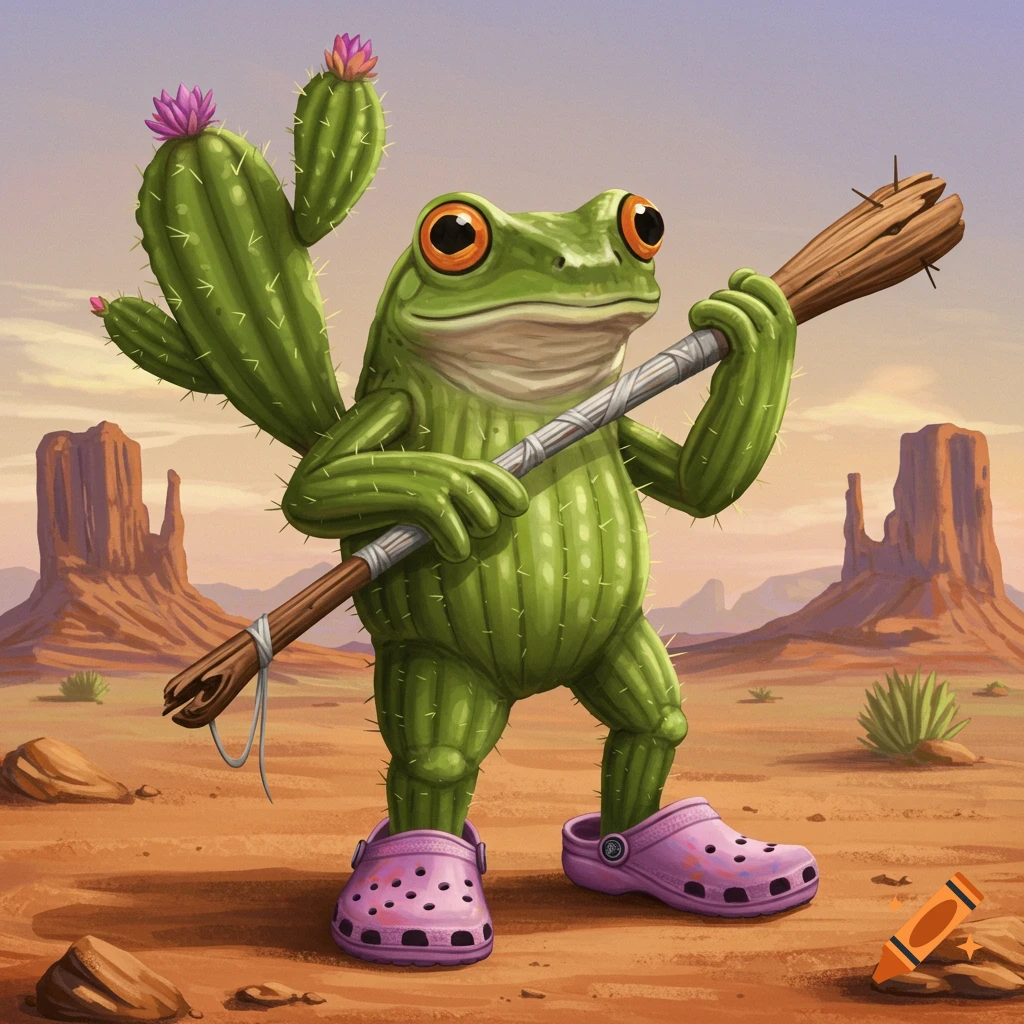 Frog as a cactus wearing crocs and holding a bat on Craiyon