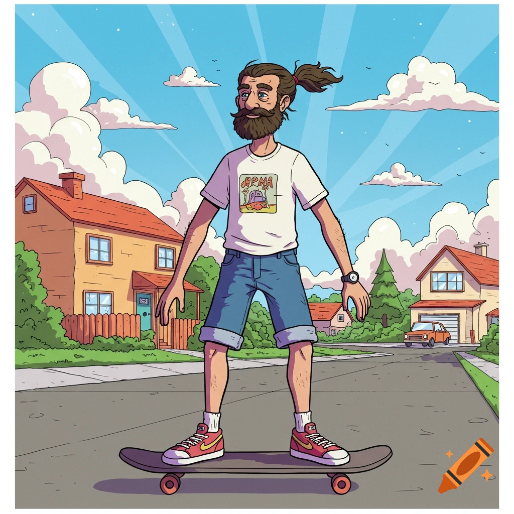 Cartoon man with ponytail and beard skateboarding on a suburban street. on Craiyon