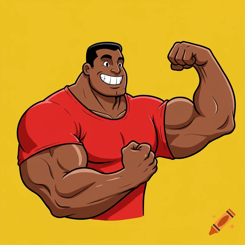 Cartoon of a muscular man in a red shirt flexing his bicep. on Craiyon