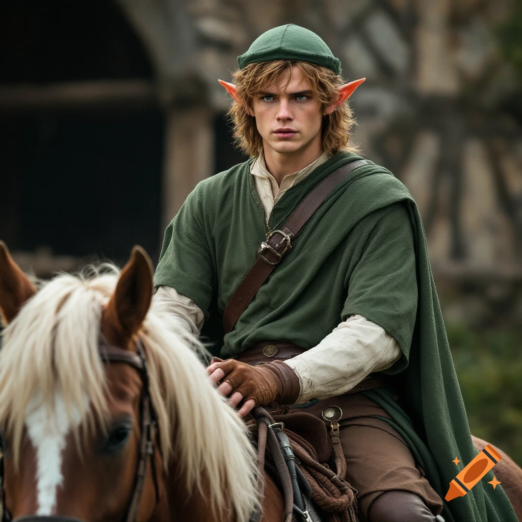 Thomas Brodie Sangster as Link riding a horse on Craiyon