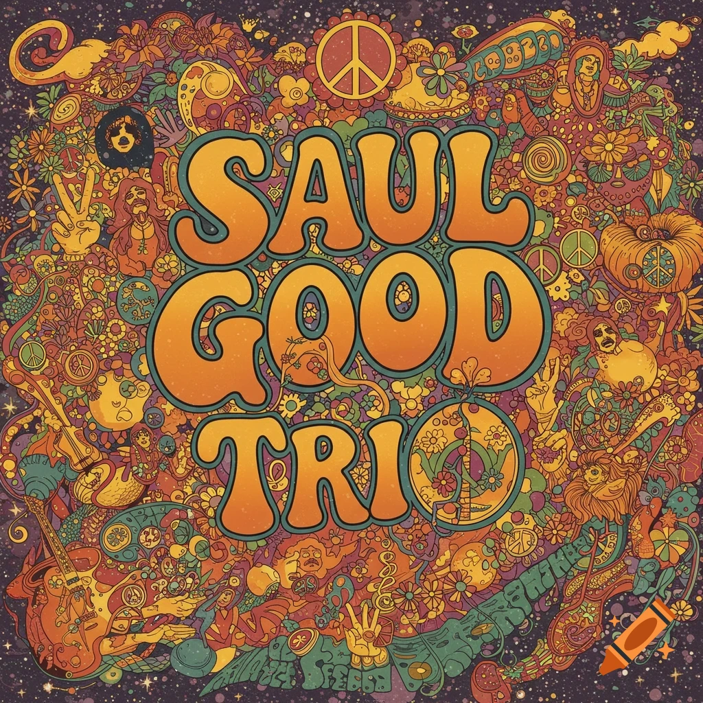 Psychedelic hippy artwork with text 'SAUL GOOD TRIO' amidst flowers ...