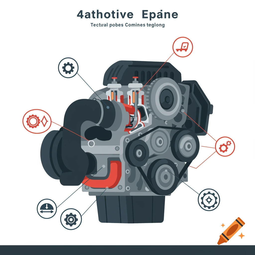 A flat design educational infographic illustrating a car engine with ...