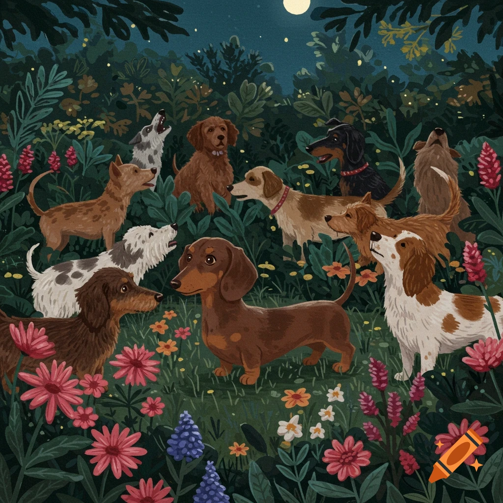 Multiple dogs in a forest at night under the moon, surrounded by ...