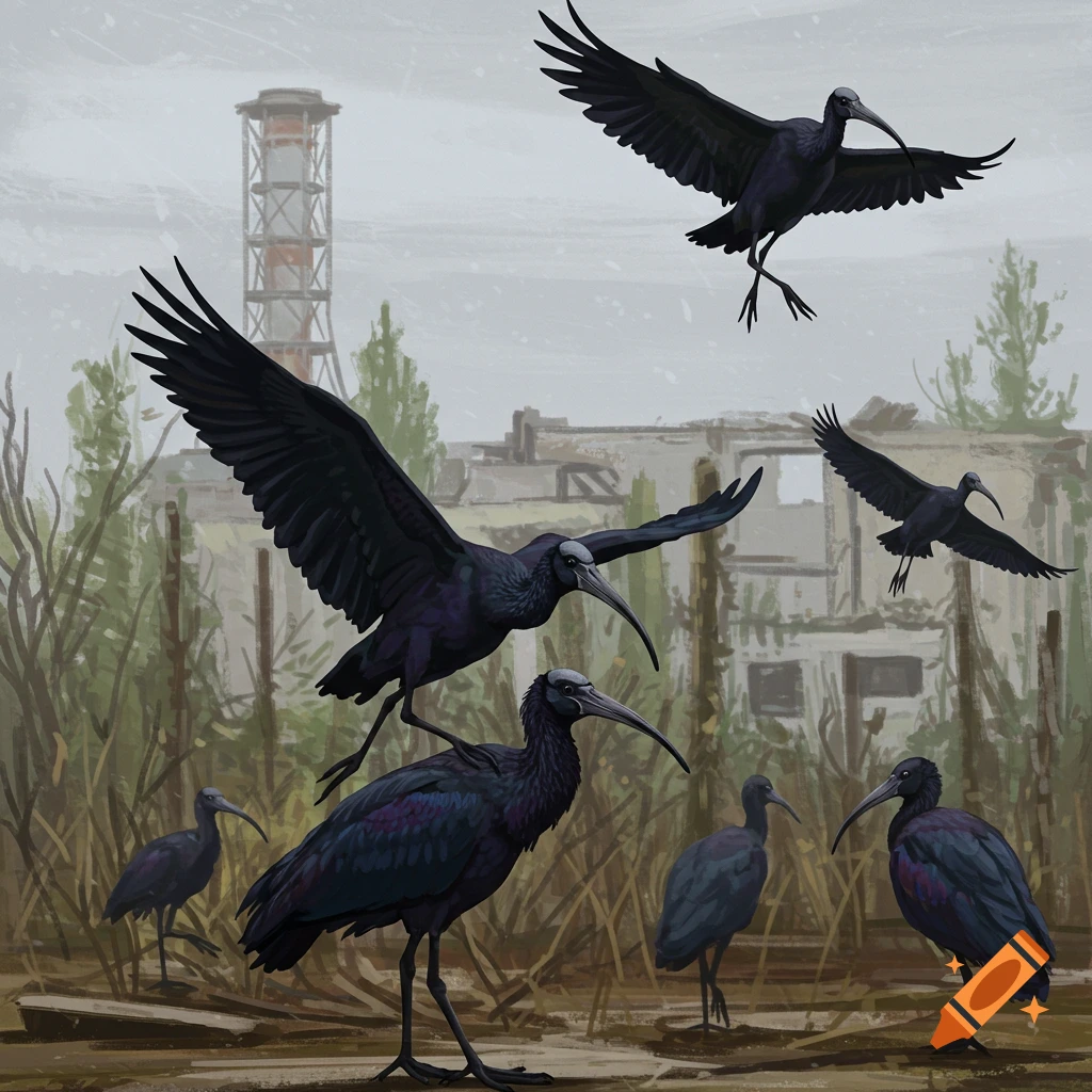 Several dark birds, some flying and some standing, in a ruined, post ...