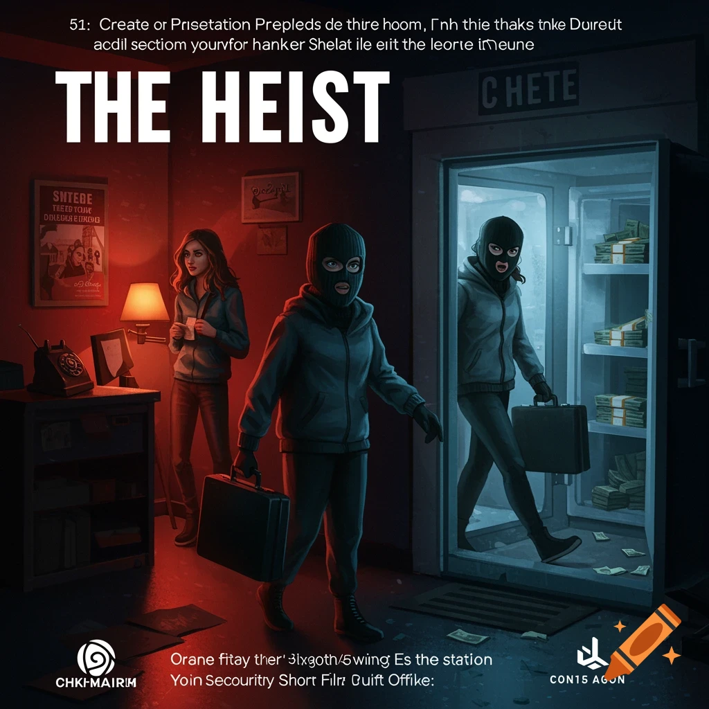 Title slide for "The Heist" student film: three girls planning a heist ...