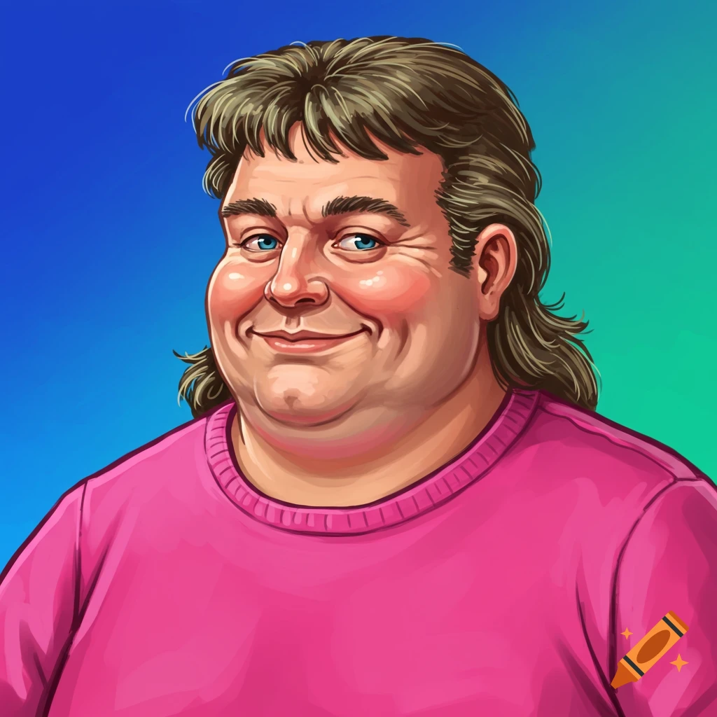 A smiling man with a mullet wearing a pink sweatshirt. on Craiyon