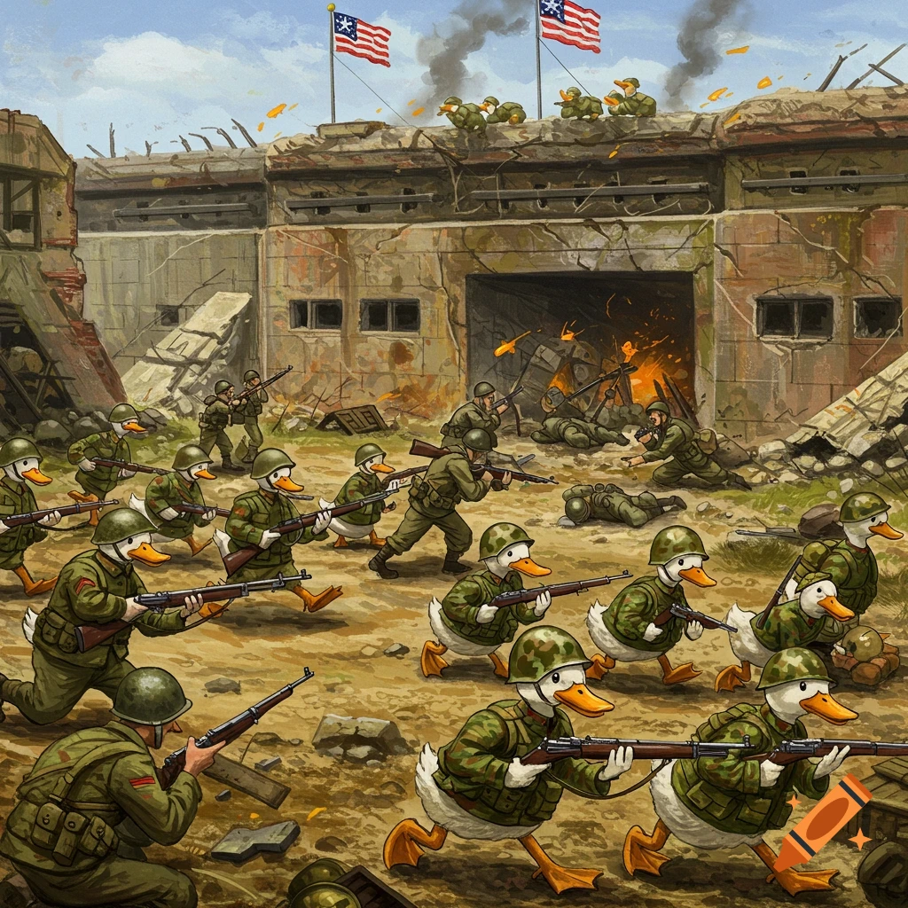 Soviet duck army taking over a World War 2 US Army fort on Craiyon