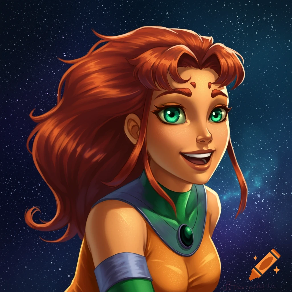 An illustration of Starfire from DC Comics, a woman with long red hair ...