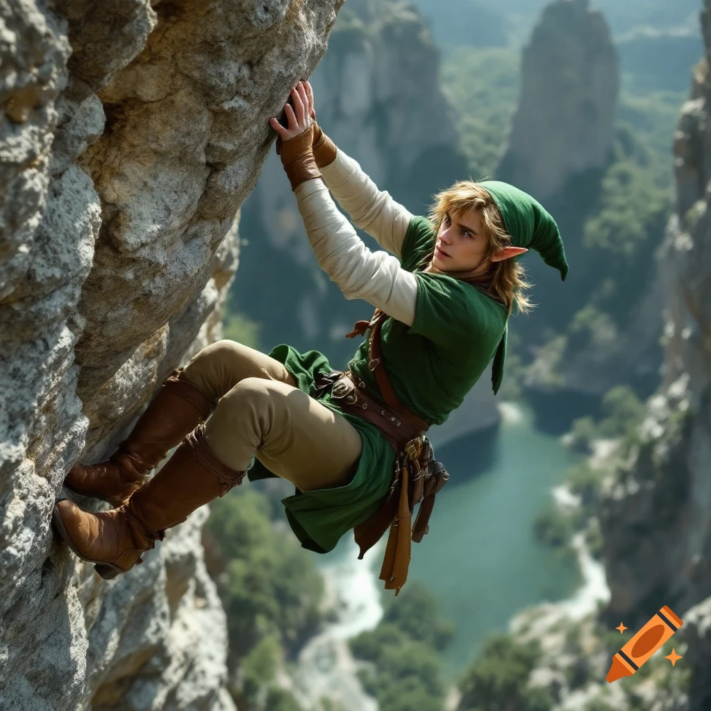 Thomas Brodie Sangster as Link wall climbing, cinematic photo on Craiyon