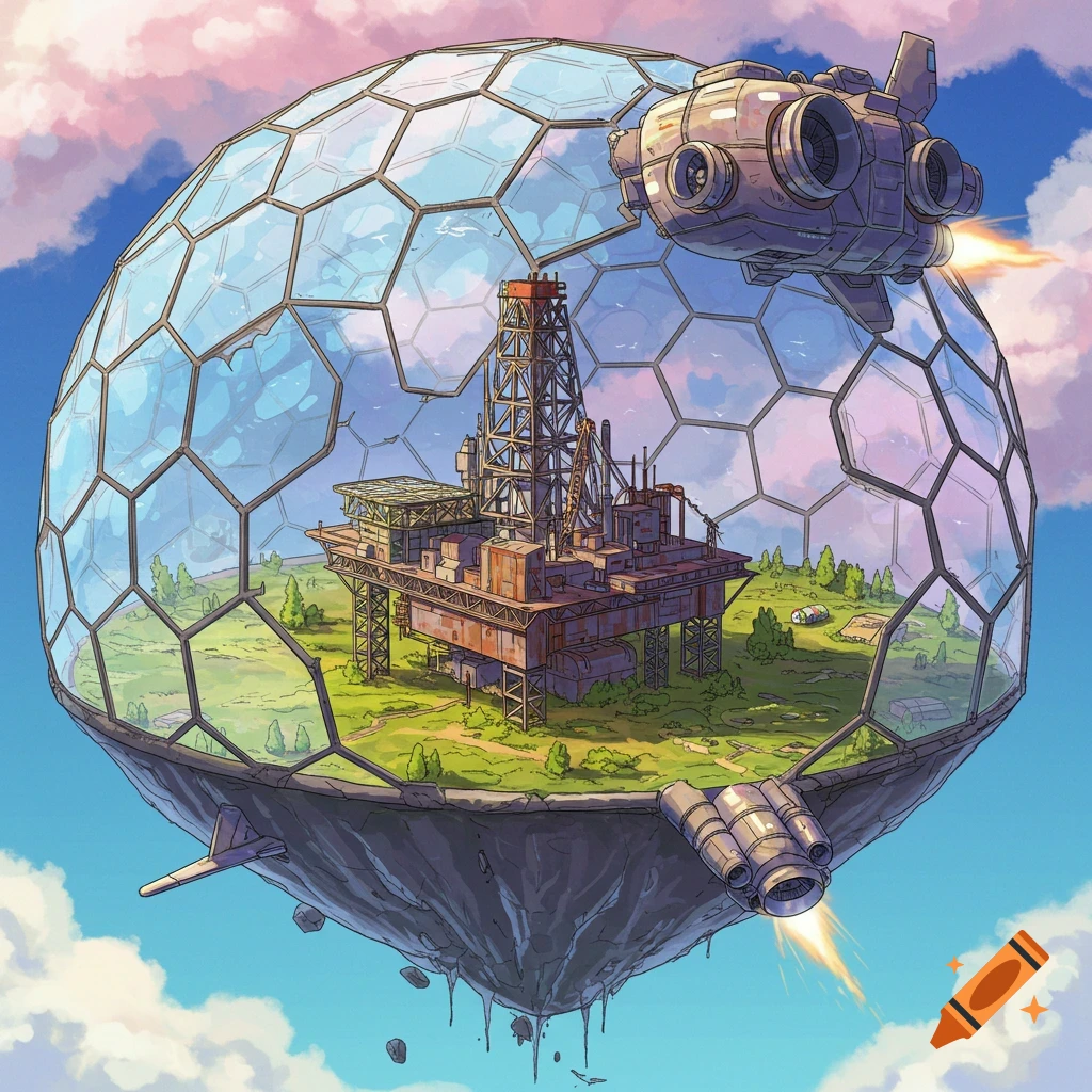 Floating land mass with rocket engines and glass dome on Craiyon
