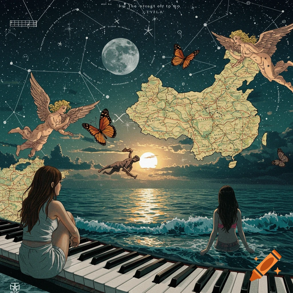 Album cover art featuring a woman, ocean, moon, butterflies ...