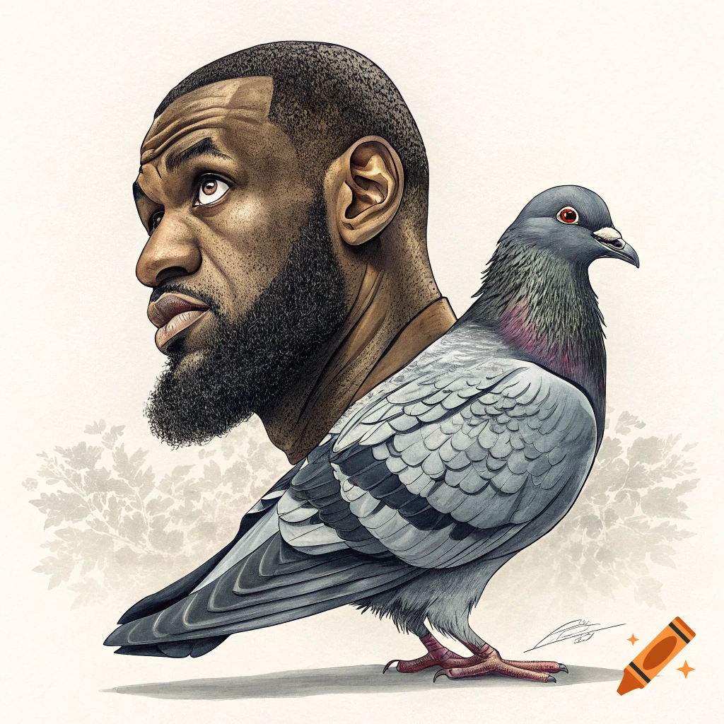 Caricature illustration of LeBron James's head on a pigeon's body. on ...