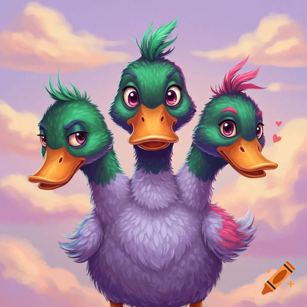 A creature with three cartoon duck heads on a purple body stands ...