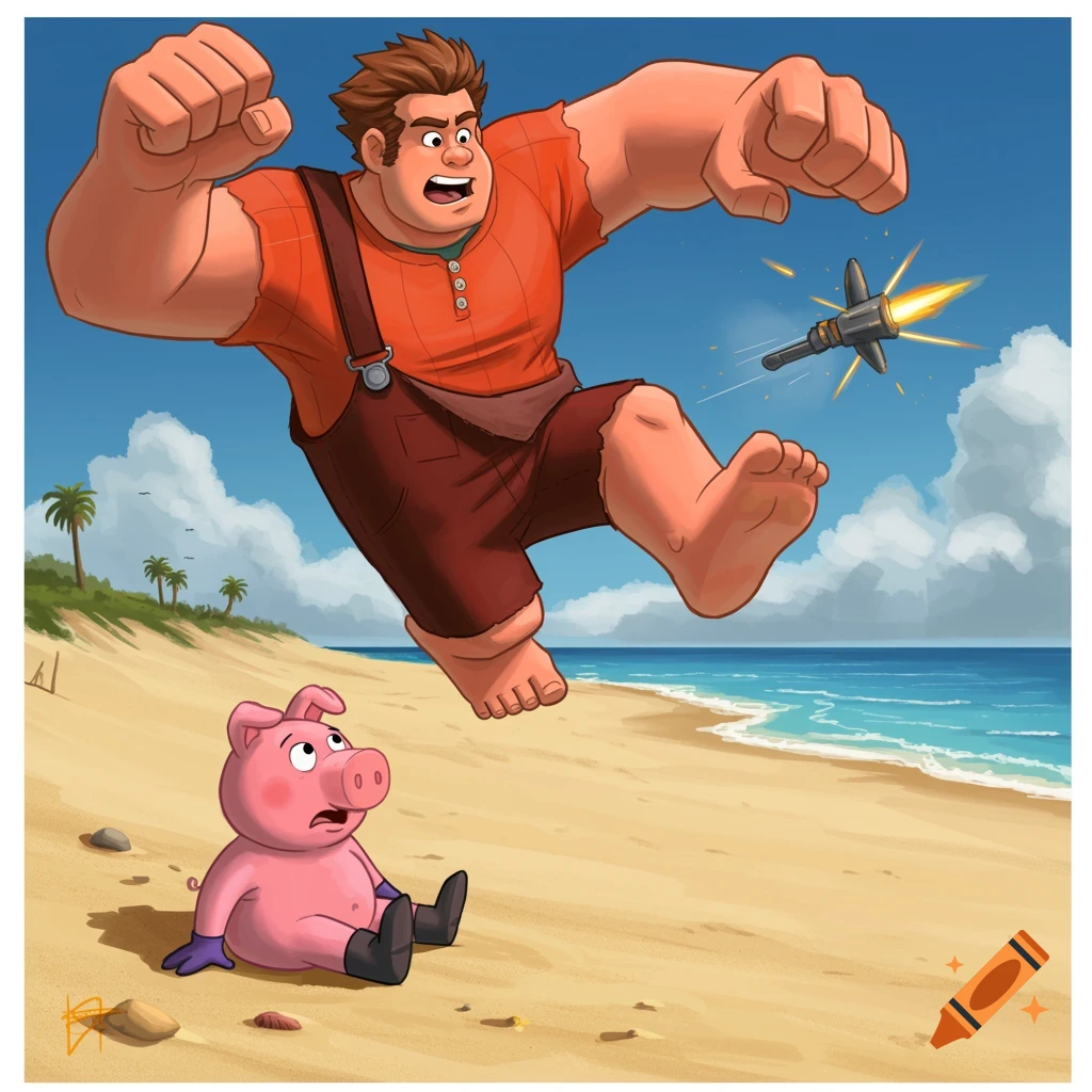 Cartoon character Ralph jumps on a beach aiming pretend gunfire at a ...