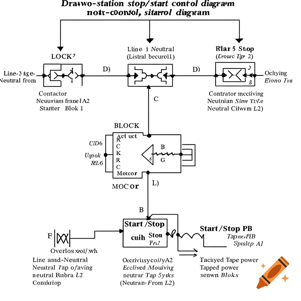 Technical block diagram of a two-station motor control circuit on Craiyon