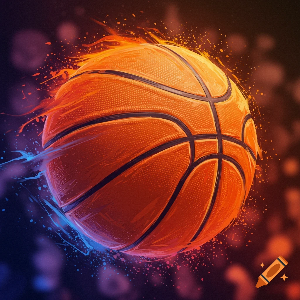 A basketball with glowing orange and blue abstract streaks. on Craiyon