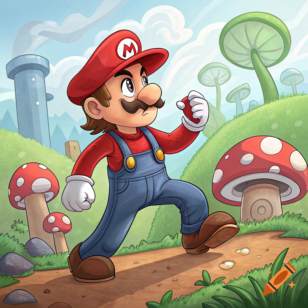 Cartoon illustration of Super Mario running through a colorful game ...