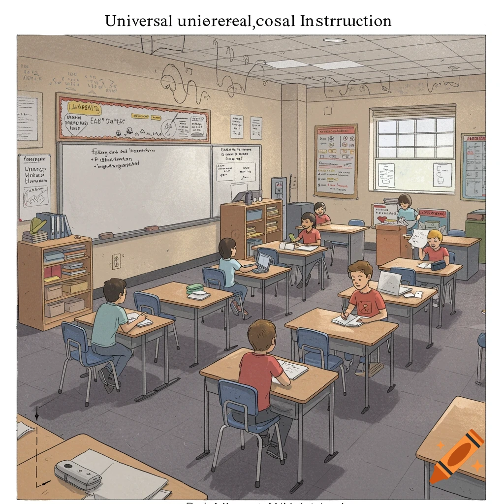 A busy classroom with students and teachers working at desks. on Craiyon