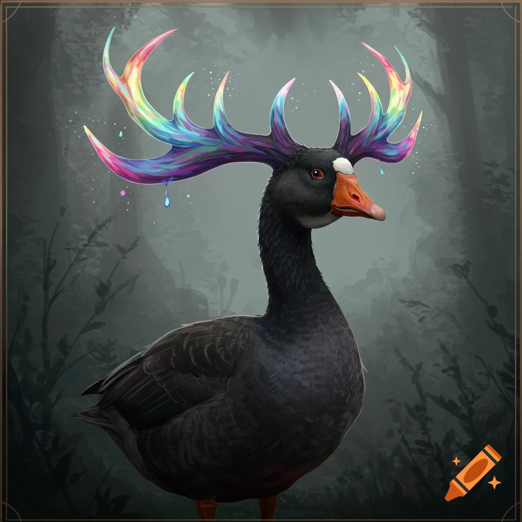 A black goose with large, rainbow-colored horns stands in a misty ...