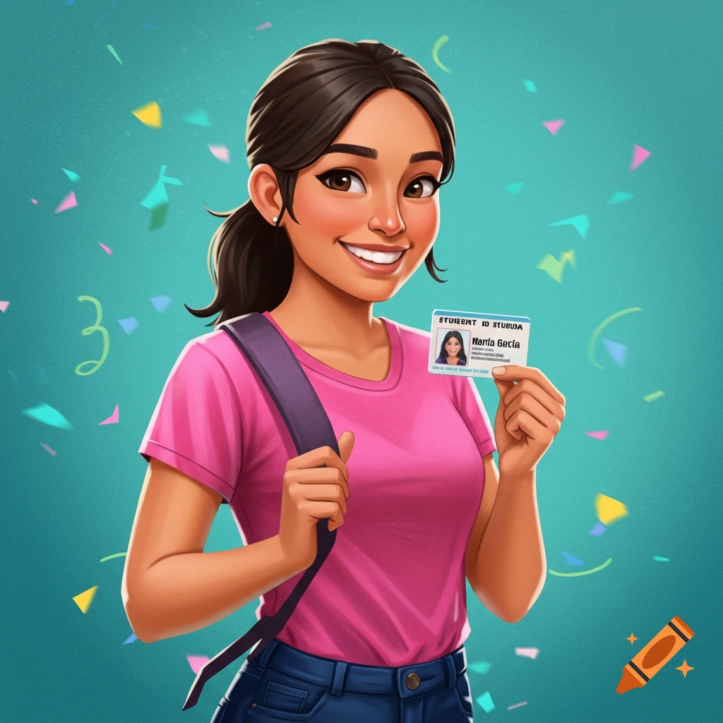 Cartoon student holding an ID card with confetti falling on Craiyon