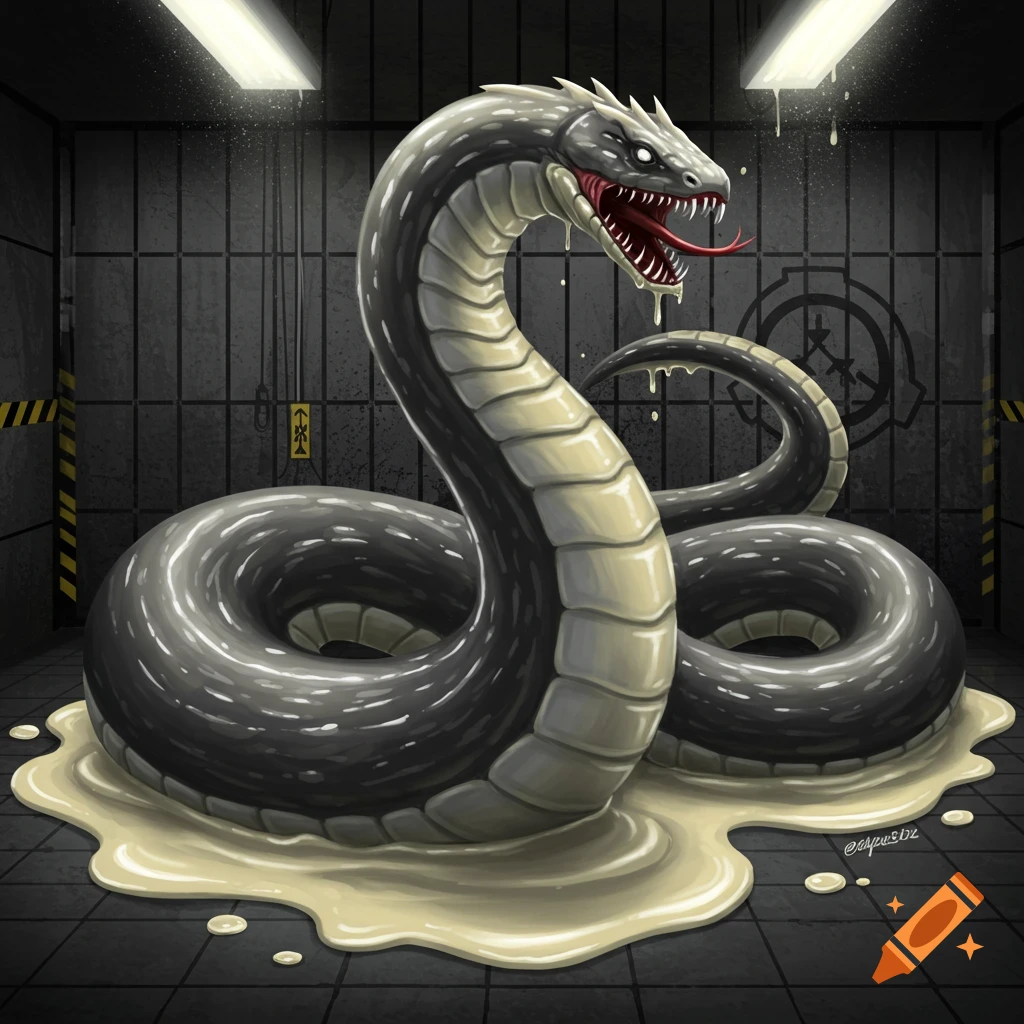A large black and gray snake coiled in a pool of yellow liquid in an ...