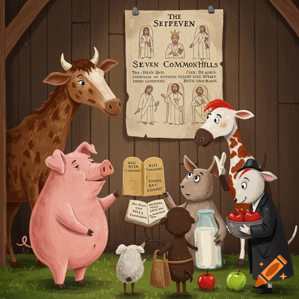 Pig teaching animals with The Seven Commandments on the barn wall on ...