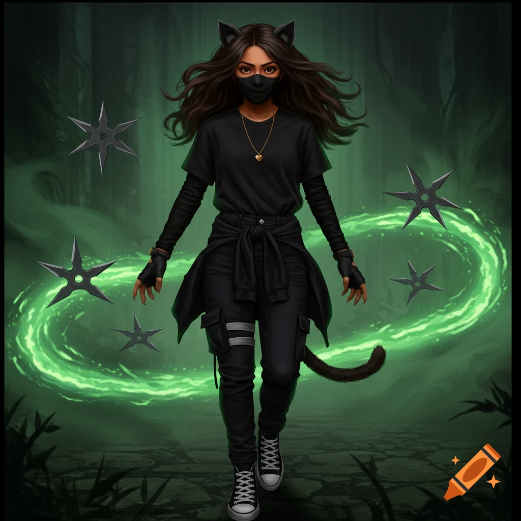 Spy singer with black clothes, cat ears and tail, ninja stars, and ...