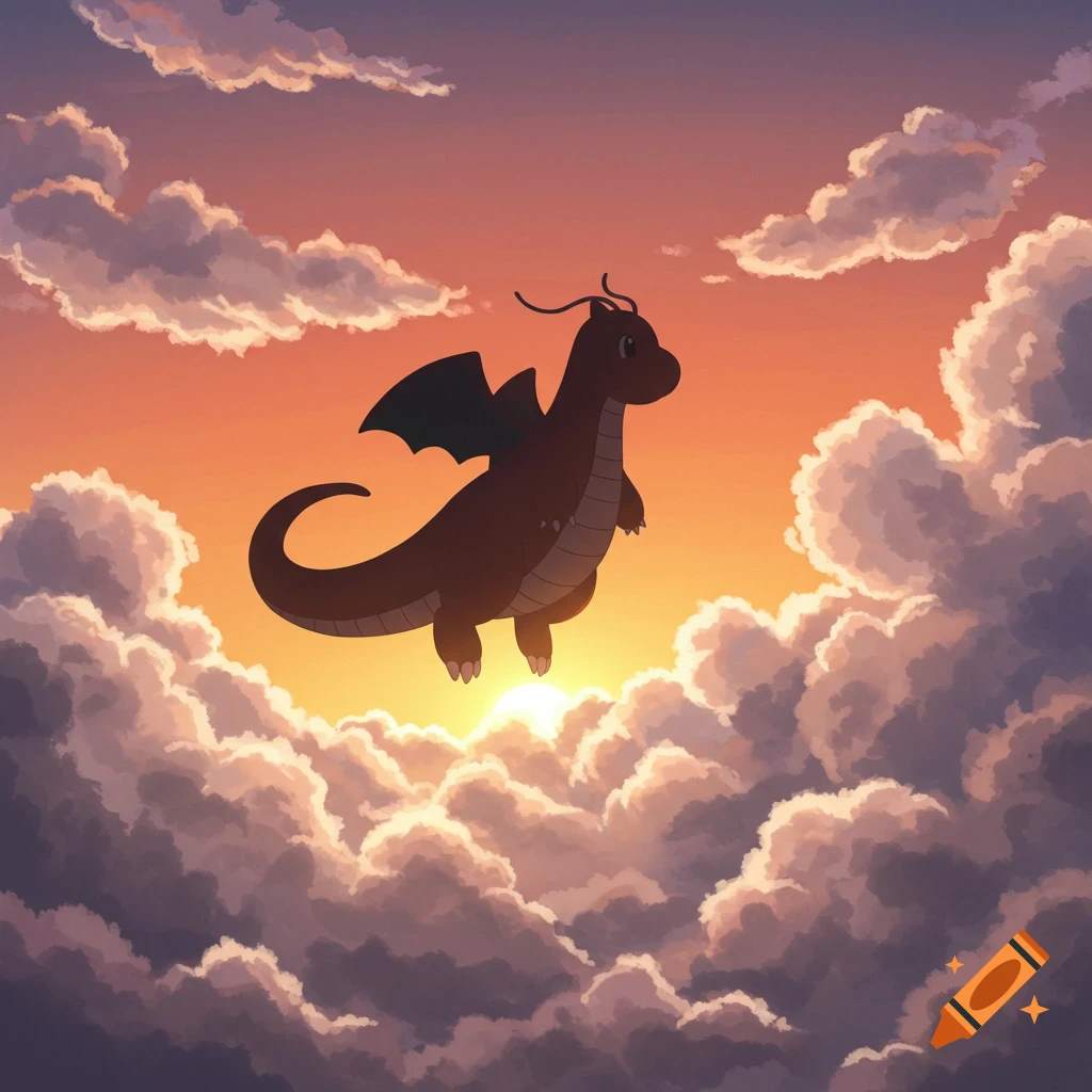 Dragonite flies through clouds during sunset in an anime style on Craiyon
