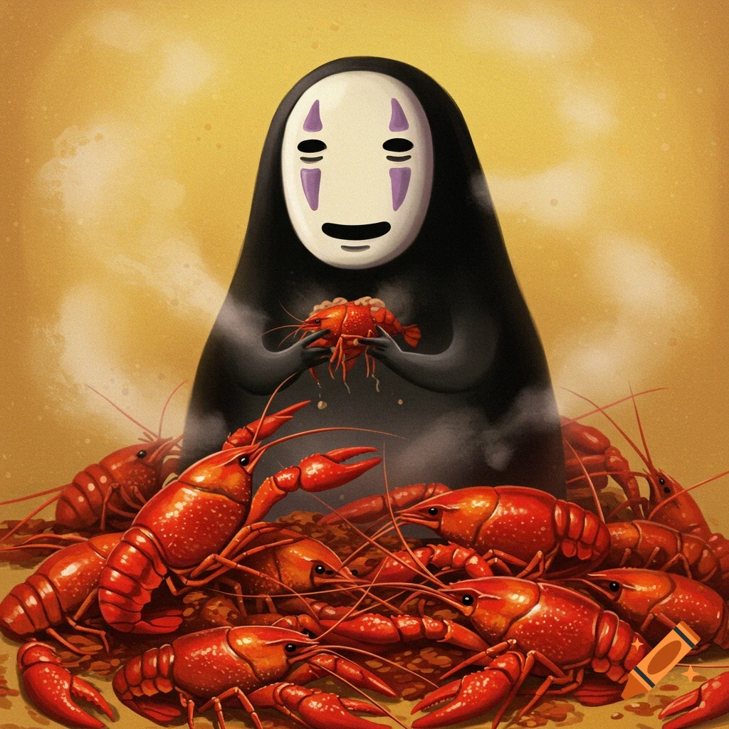 The character No-Face holding and surrounded by crawfish. on Craiyon