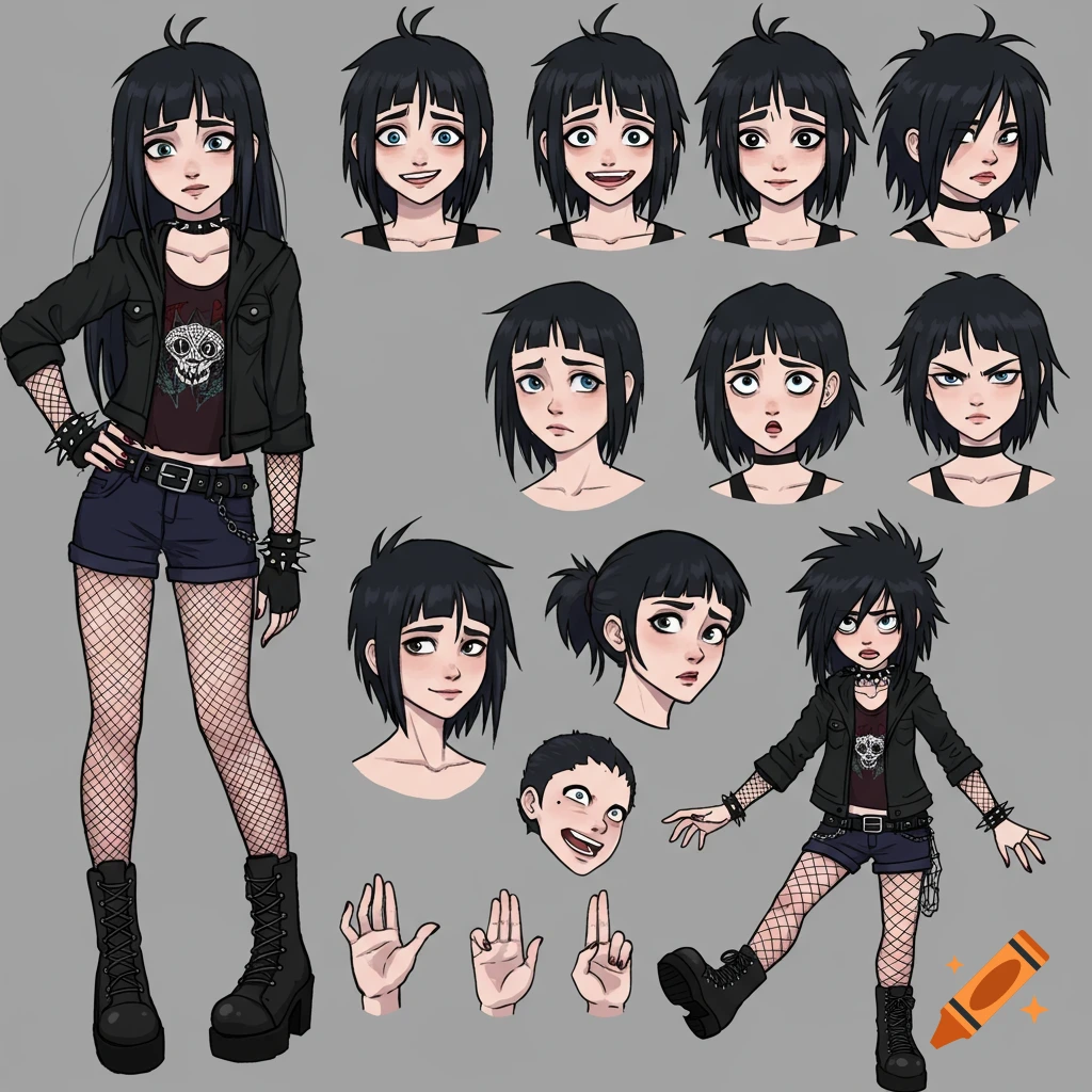 Anime style reference sheet of an emo girl in black clothes, showing ...