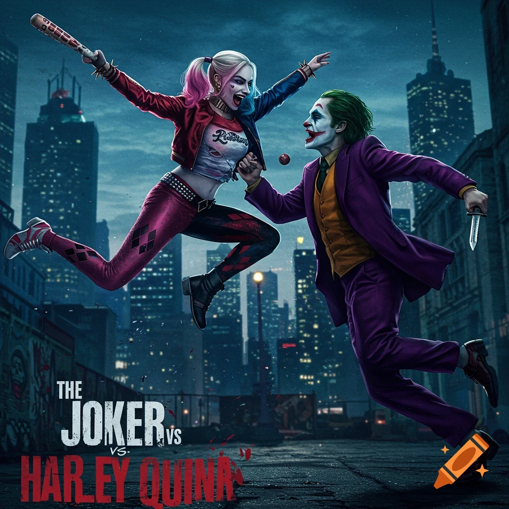 Harley Quinn and The Joker jumping in action on a movie poster for 'The Joker vs. Harley Quinn ...