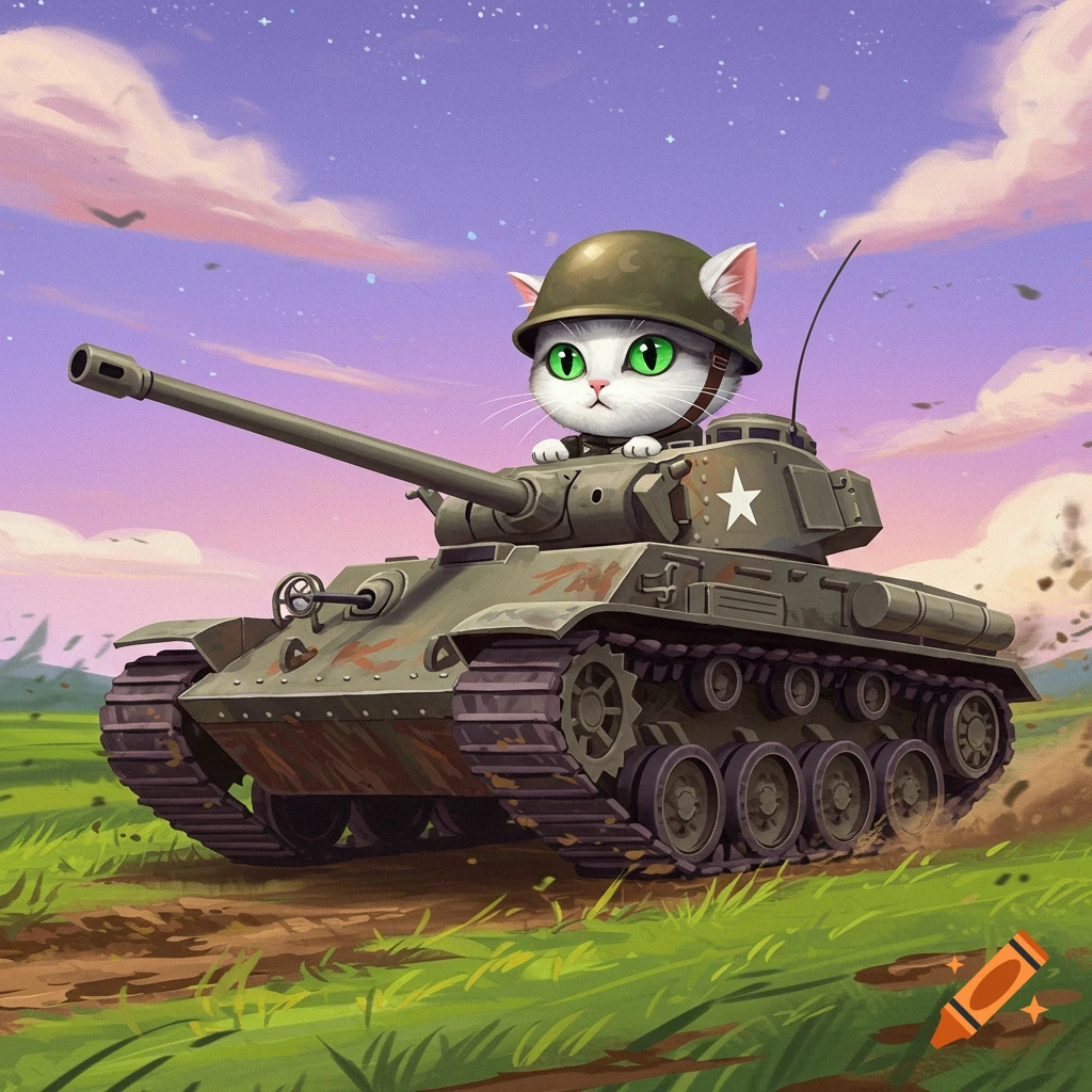 Cute white cat in a military helmet driving a tank through a field. on ...