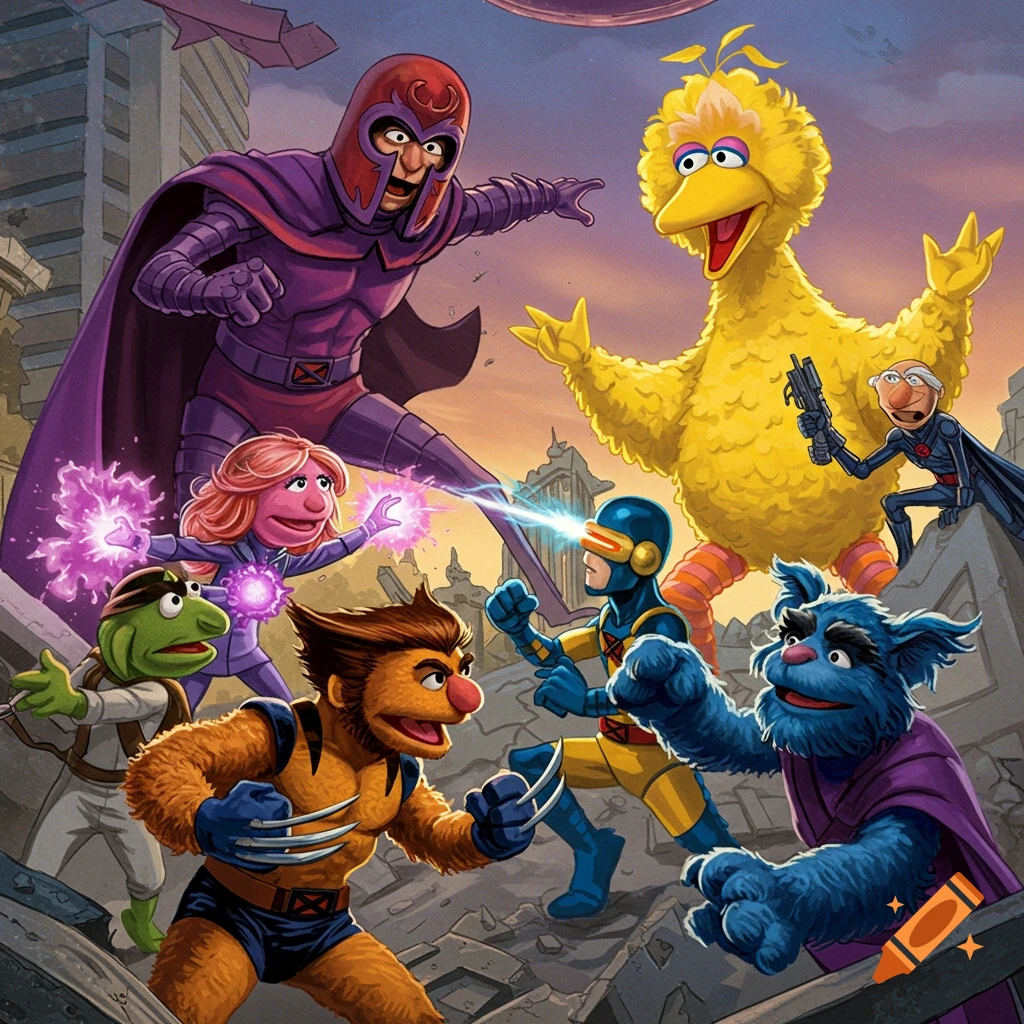 X-Men Muppets fighting Magneto Big Bird on Craiyon