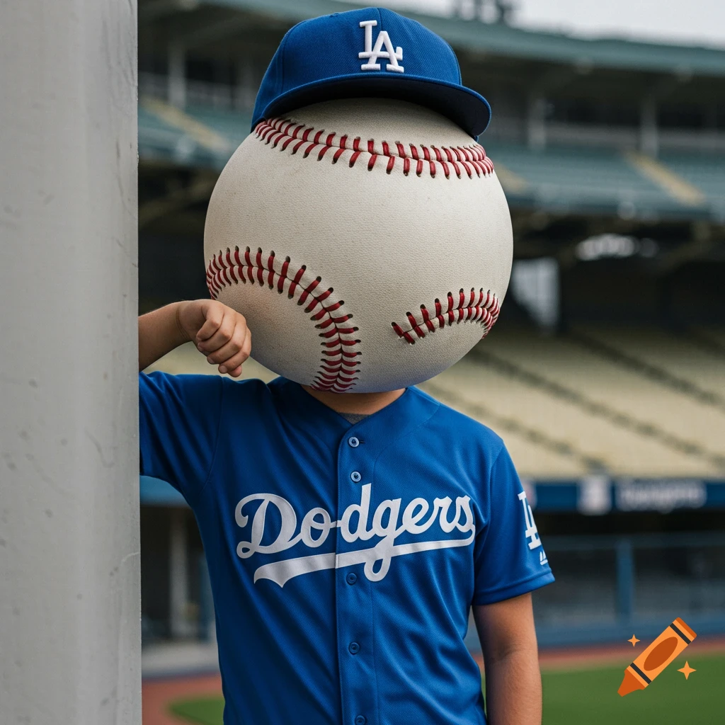 Baseball head wearing LA Dodgers jersey and hat on a human body on Craiyon