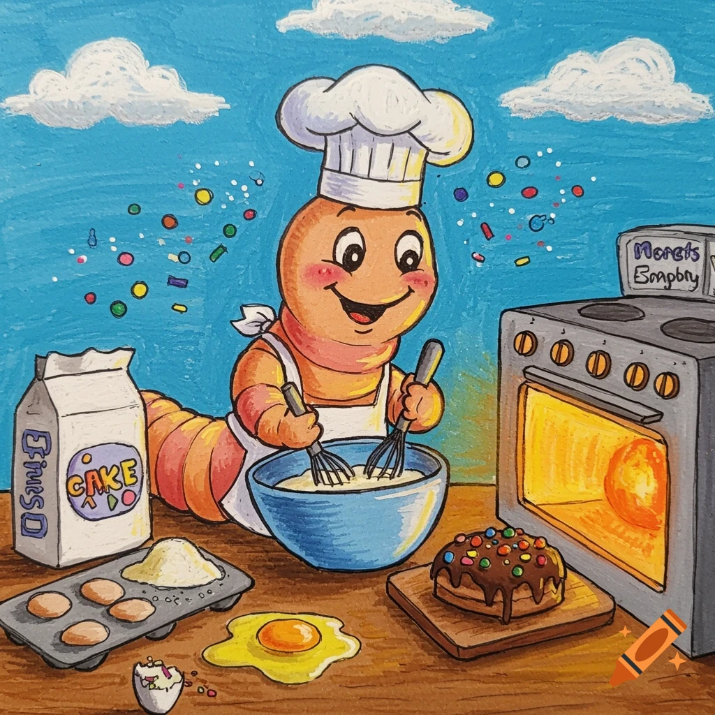 A whimsical crayon drawing of a cartoon worm in a chef hat and apron ...