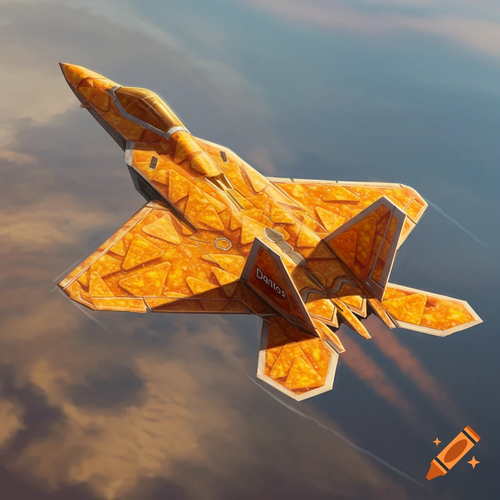 An F-22 jet made from Doritos chips flying in the sky. on Craiyon