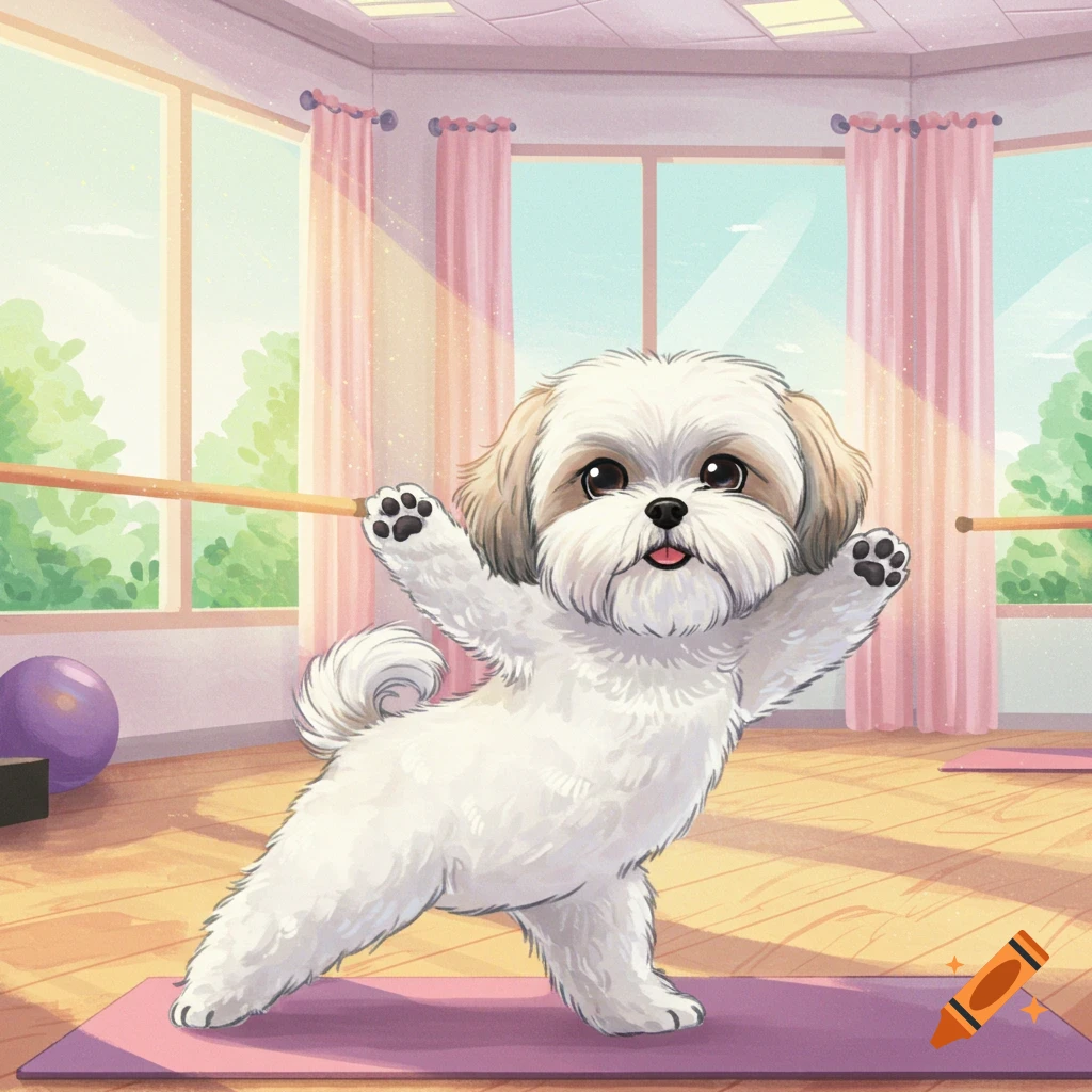 Cute Shih Tzu dog doing Pilates in a yoga studio on Craiyon