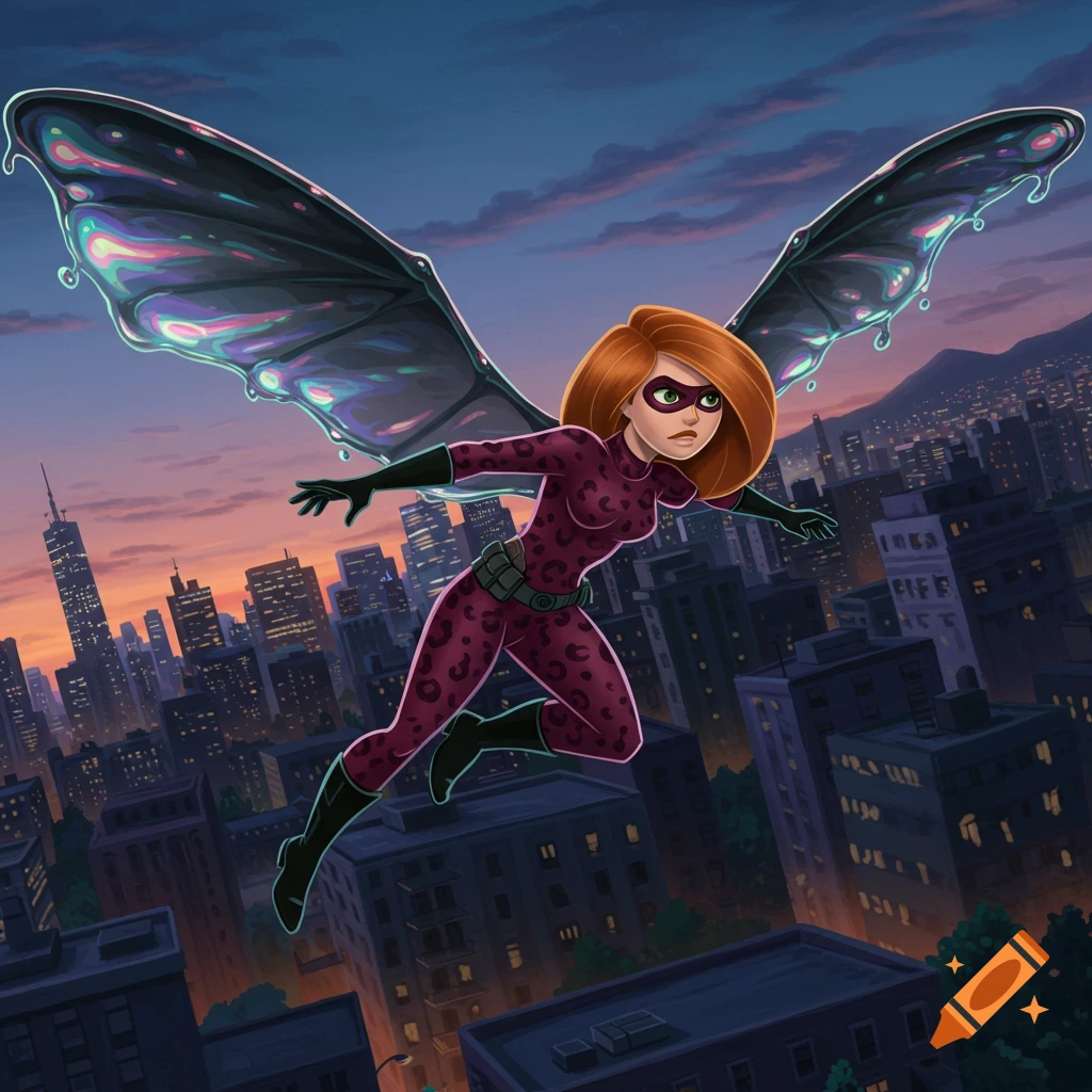 Kim Possible in burgundy cheetah suit with slime wings flying over the ...