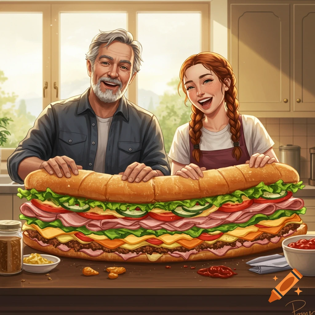 A man and woman are posing with a giant sandwich in a kitchen. on Craiyon