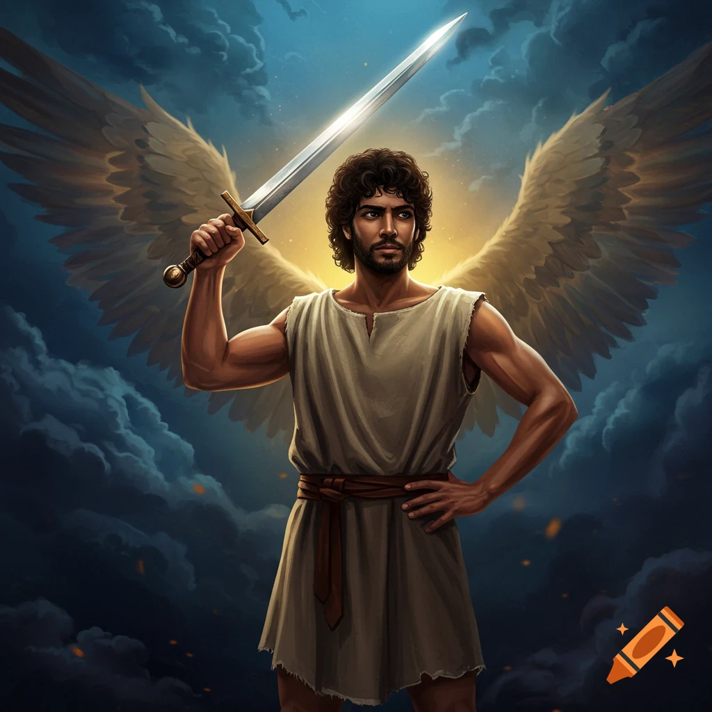 An angelic figure with wings holds a sword aloft against a stormy sky ...