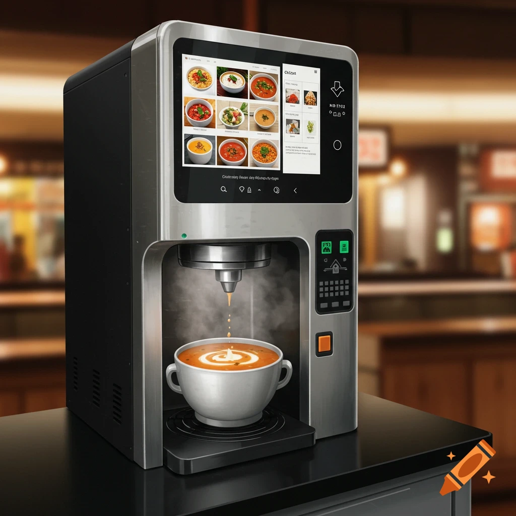 A soup vending machine dispensing soup into a bowl. on Craiyon