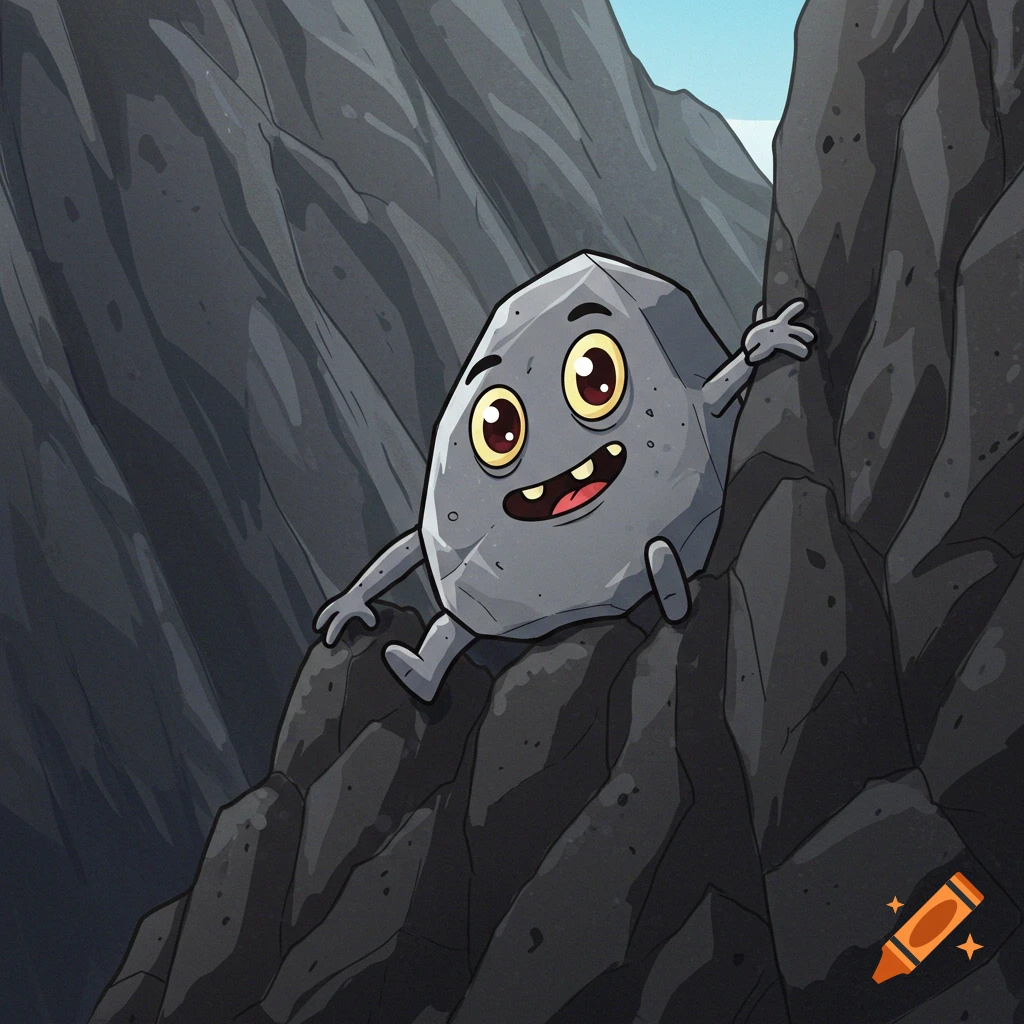 Cartoon rock character on igneous mountain on Craiyon