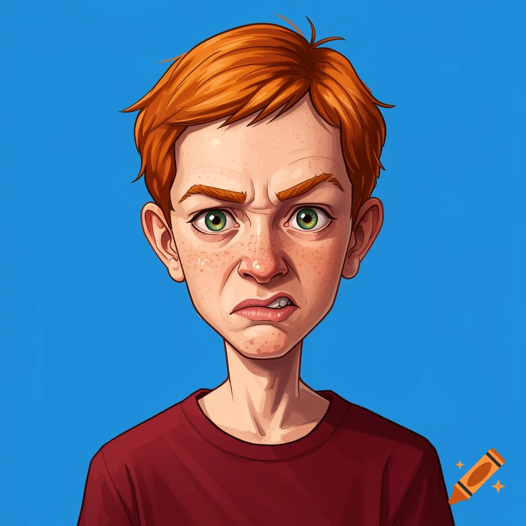 A boy with red hair and freckles is making a disgusted face in a comic ...