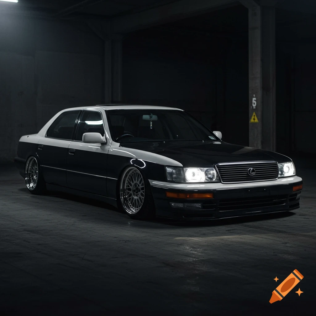 Slammed two-tone Lexus LS400 parked in a dimly lit garage. on Craiyon