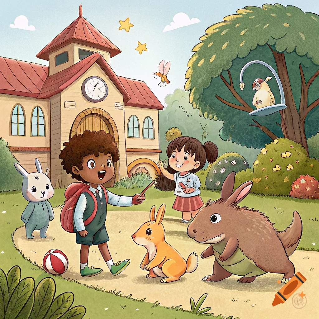 Cartoon illustration of children playing with magical animals outside a ...