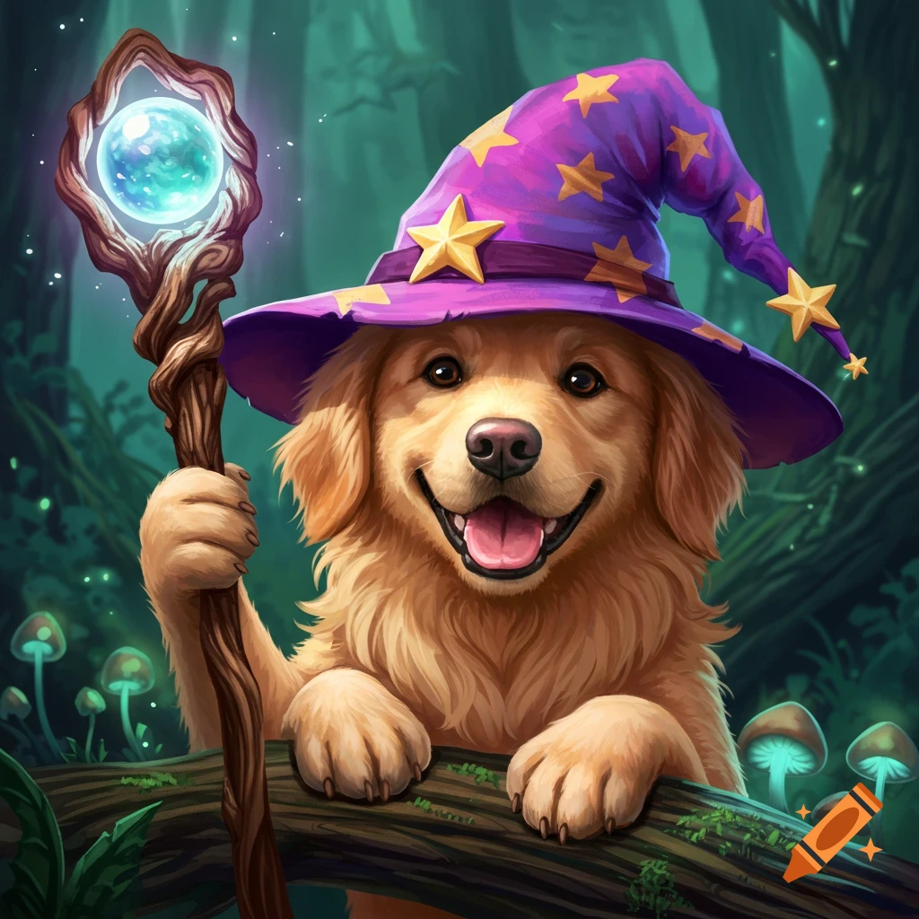 A golden retriever dog wearing a purple wizard hat and holding a staff ...