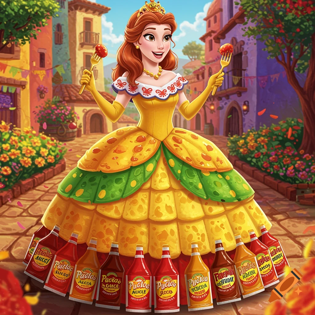 Disney Princess Taco Belle with sauce packet dress on Craiyon