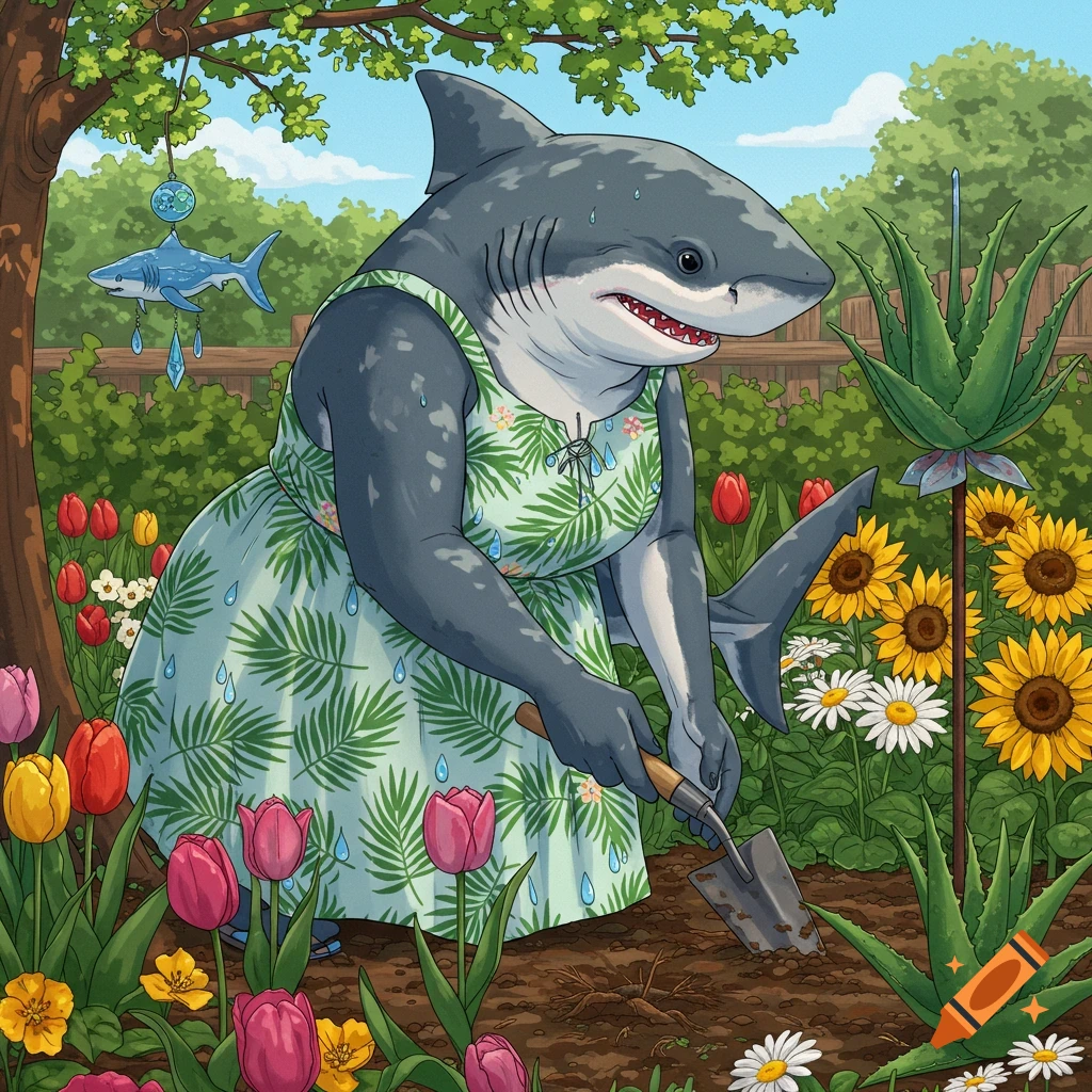 Anthropomorphic shark in a floral dress planting flowers in a sunny ...